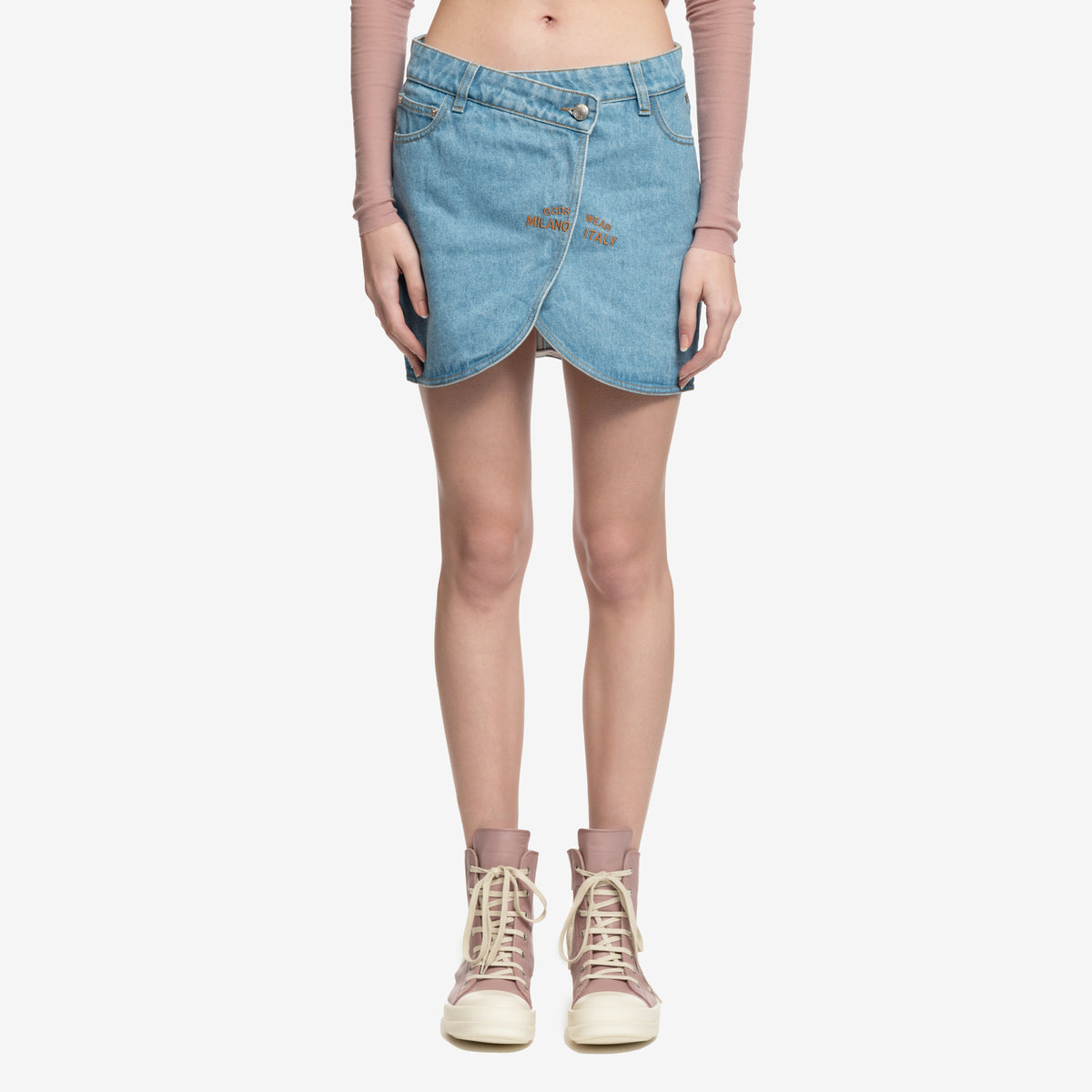GCDS Womens Comma Denim Skirt in Light Blue