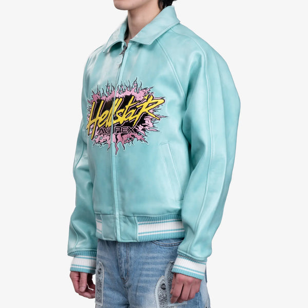 Hellstar x Avirex Mens Icon Leather Jacket in Blue