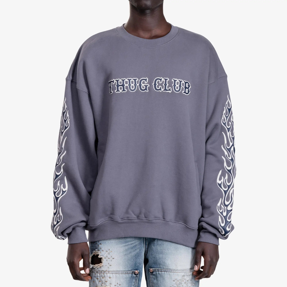 Thug Club Leather Flame Sweatshirt in Grey